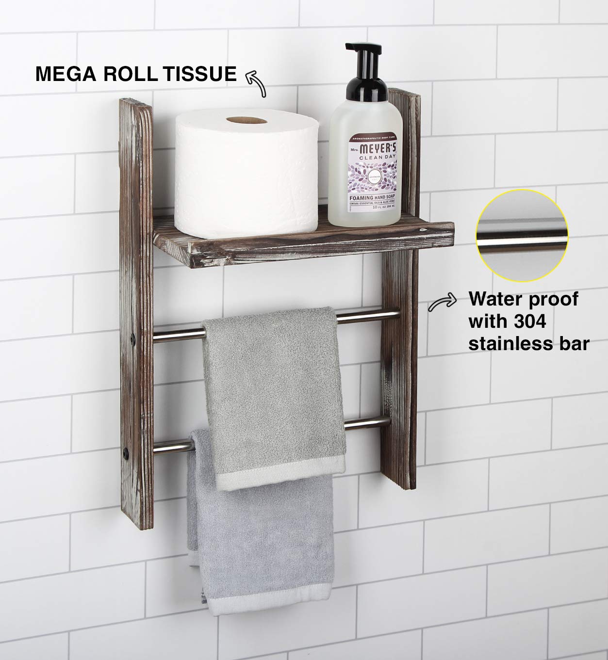J JACKCUBE DESIGN Rustic Wood Wall Mount Towel Rack with Shelf, Blanket Ladder for Bathroom, Kitchen Hand Towels Holder, Stainless Towel Bar Hanger Farmhouse Decor - MK576A