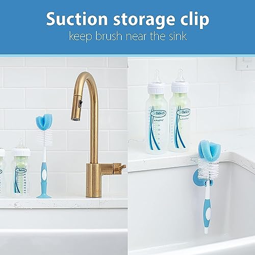 Dr. Brown's Reusable Sponge Baby Bottle Cleaning Brush with Suction Cup Stand, Scrubber and Nipple Cleaner, Blue 1-Pack (Pack of 2)