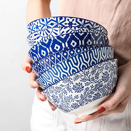 Selamica Blue and White Porcelain 20oz Cereal Bowl Set - Set of 6, 6 inch Soup Bowls, Ceramic bowls for Cereal, Soup, Salad and Pasta, Vintage Blue, Gift Pack
