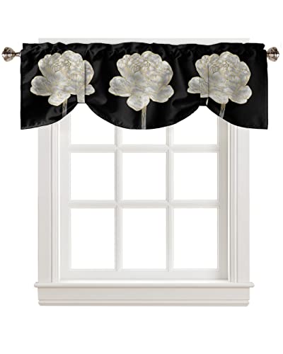 Semi Sheer Valance Adjustable Kitchen Valance for Windows, Abstract White Flower with Gold Border Black Valances for Bathroom Bedroom Living Room, Tie-up Rod Pocket Decorative Window Curtain 54"x18"