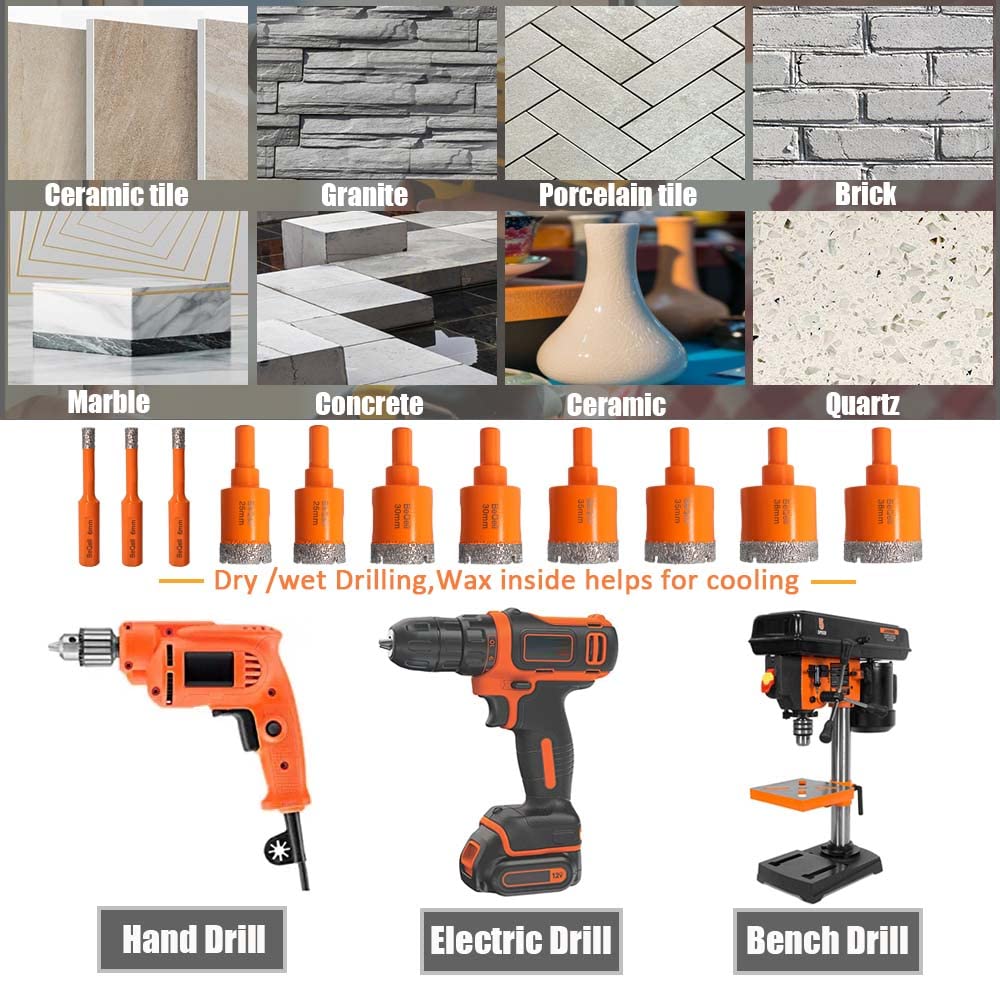 Dry Tile Diamond Drill Bits Set,BeQell 2pcs 1 Inch (25mm) Vacuum Brazed Tile Hole Saw Core Drill Bit Kit with Triangle Shank for Porcelain Tile Ceramic Stone Granite Marble Masonry Brick Cutting