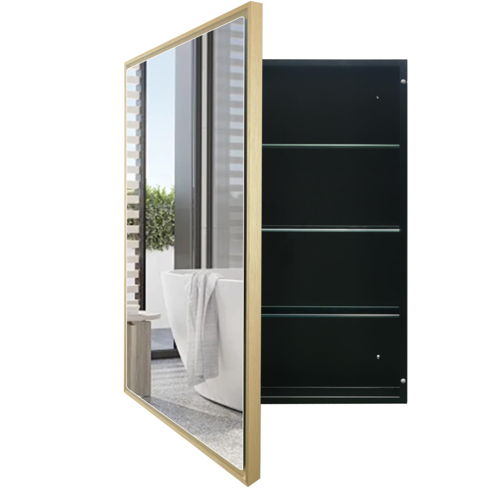 FOMAYKO Bathroom Medicine Cabinet with Aluminum Framed Mirror,24"x30" Surface Mount Bathroom Vanity Mirror,Single Door Gold Bathroom Mirror with Storage Cabinet