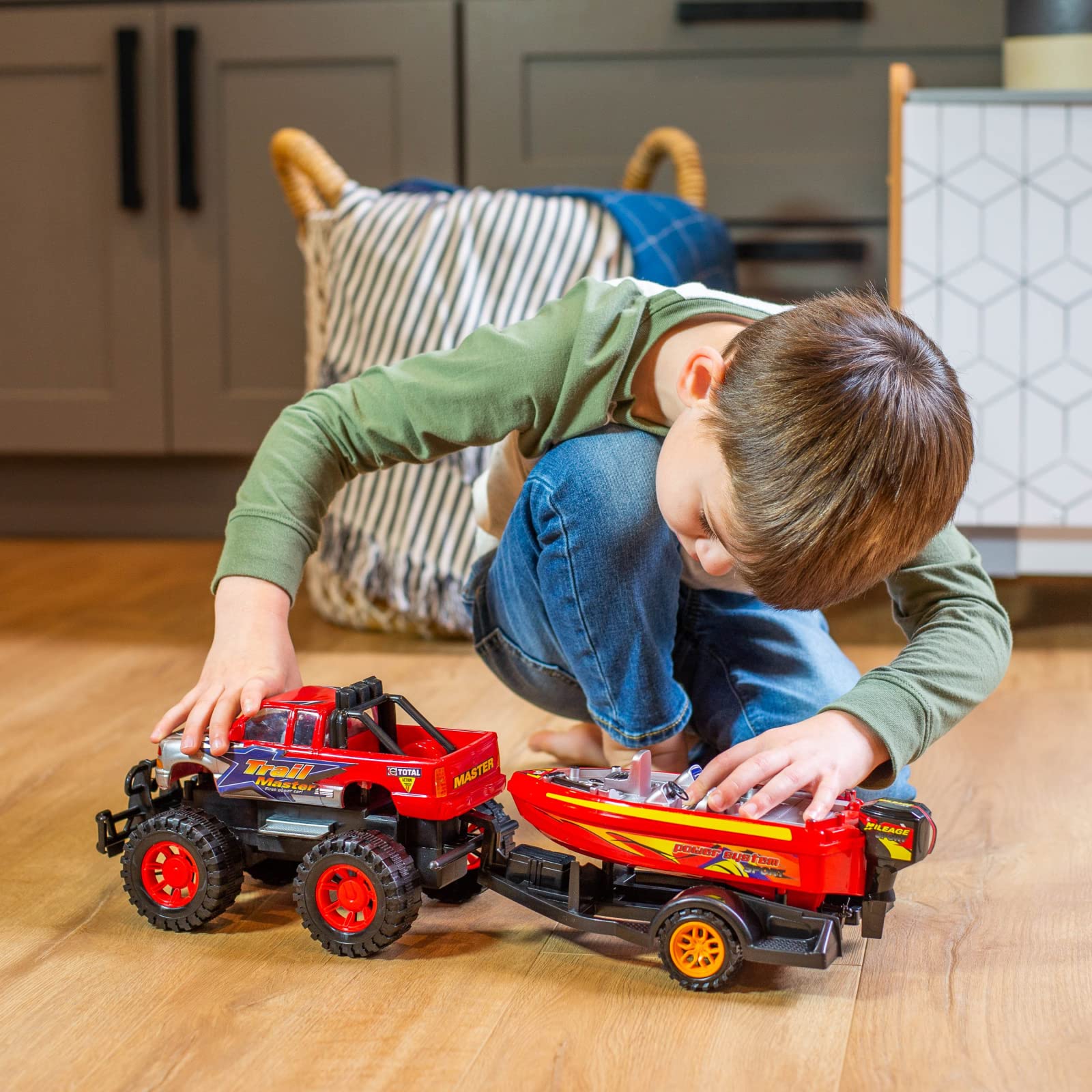 KidPlay Products Path Blazer Friction Power Monster Truck Speed Boat Hauler with Trailer