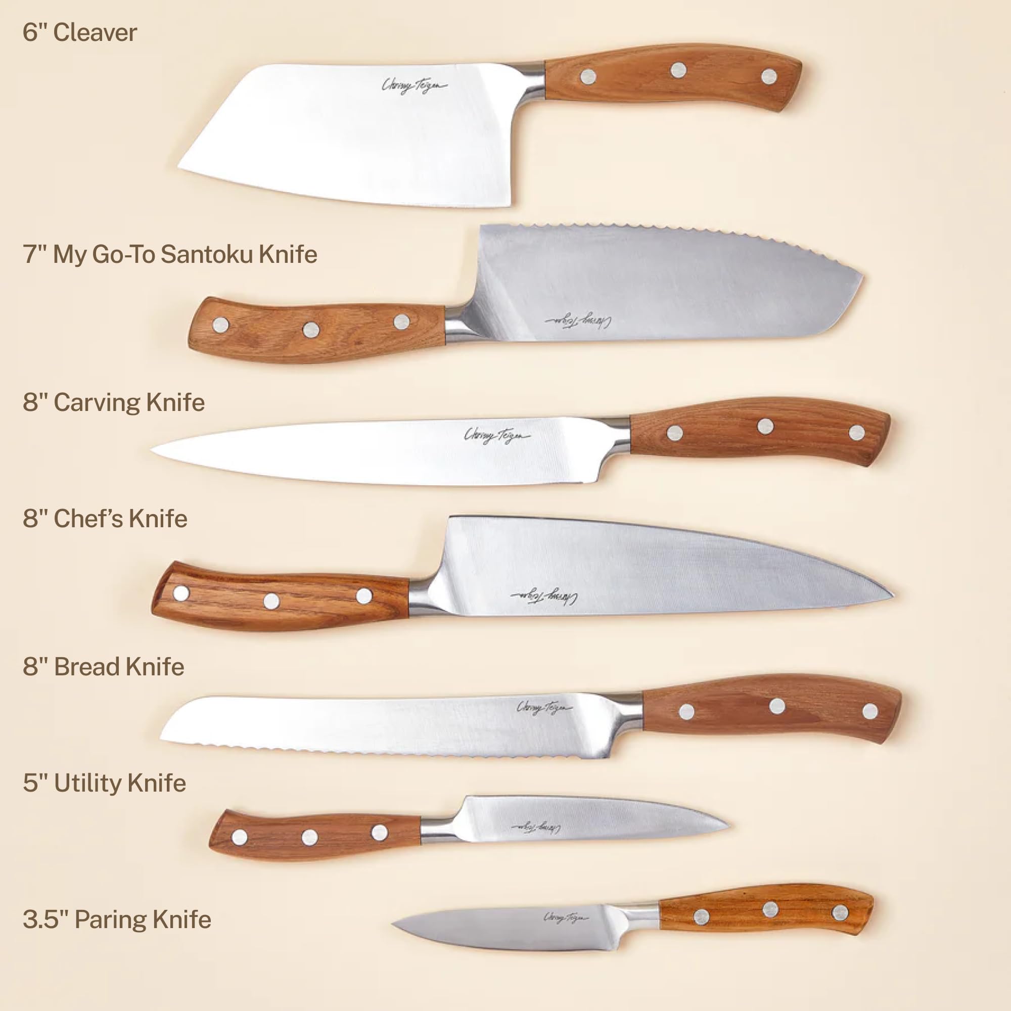 Cravings Essential 8-Piece Kitchen Knife Set with Slim Ashwood Storage Block, Full-Tang Design, Wooden Knife Block with Santoku, Carving, Bread, Utility, Chef’s, Cleaver, and Paring Knives