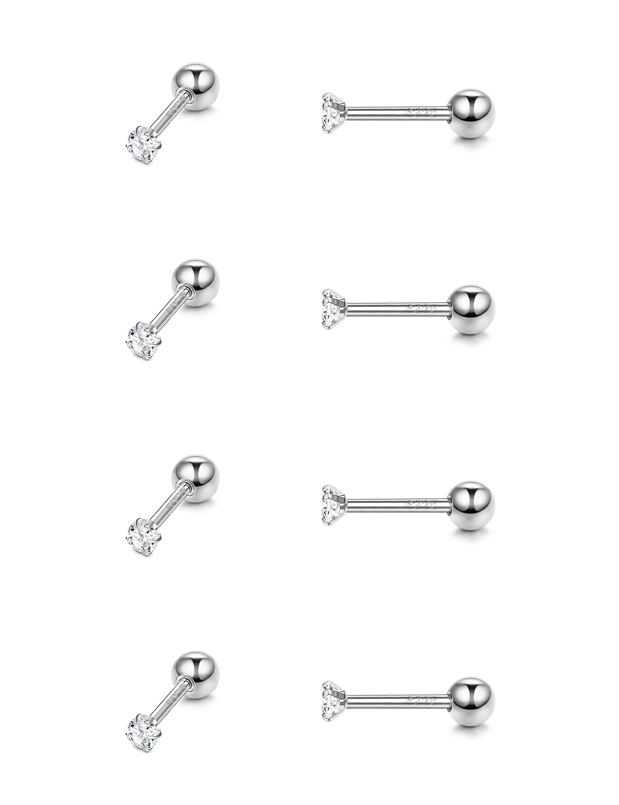 Cartilage Earring MUSECLOUD 925 Sterling Silver Flat Back Earrings For Women Men Cubic Zirconia Earrings Studs Ear Piercing Small Screw Back Earrings Set (2MM CZ, 3MM Ball)