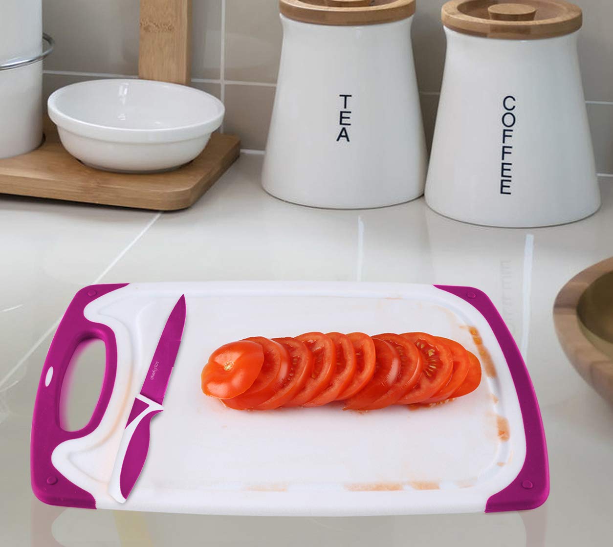CHEF GRIDS Durable Plastic Cutting Board Set, Chopping Board Thick Plastic, for Vegetable Meat or Cheese with Non-Slip Feet and Handles with Juice Groove (BLACK)