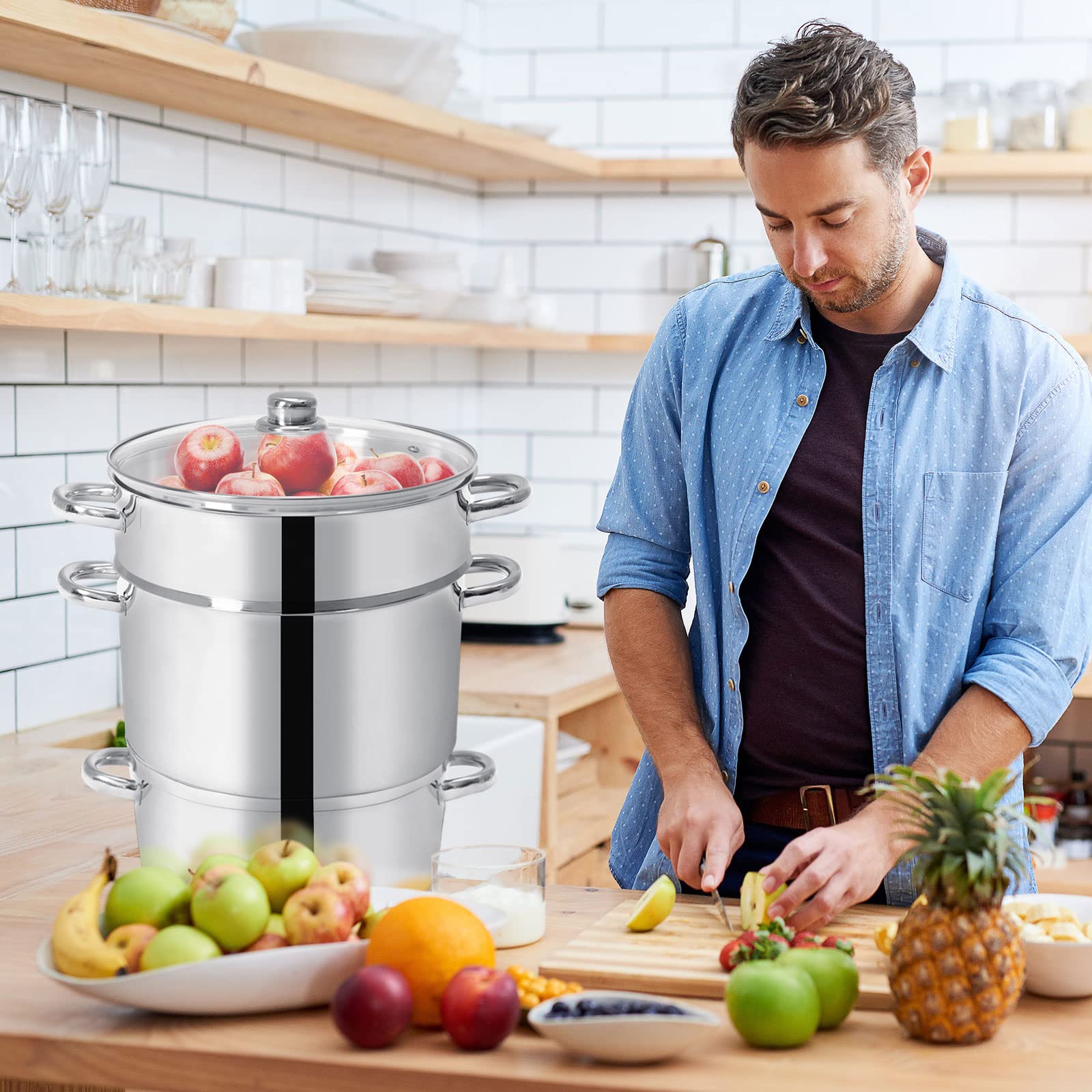 FANTASK 11-Quart Steam Juicer, Pasta Pot with Tempered Glass Lid, Hose, Clamp, Safe Loop Handle, Easy to Use, Stainless Steel Steamer Pot for Cooking Fruit Vegetable, Silver