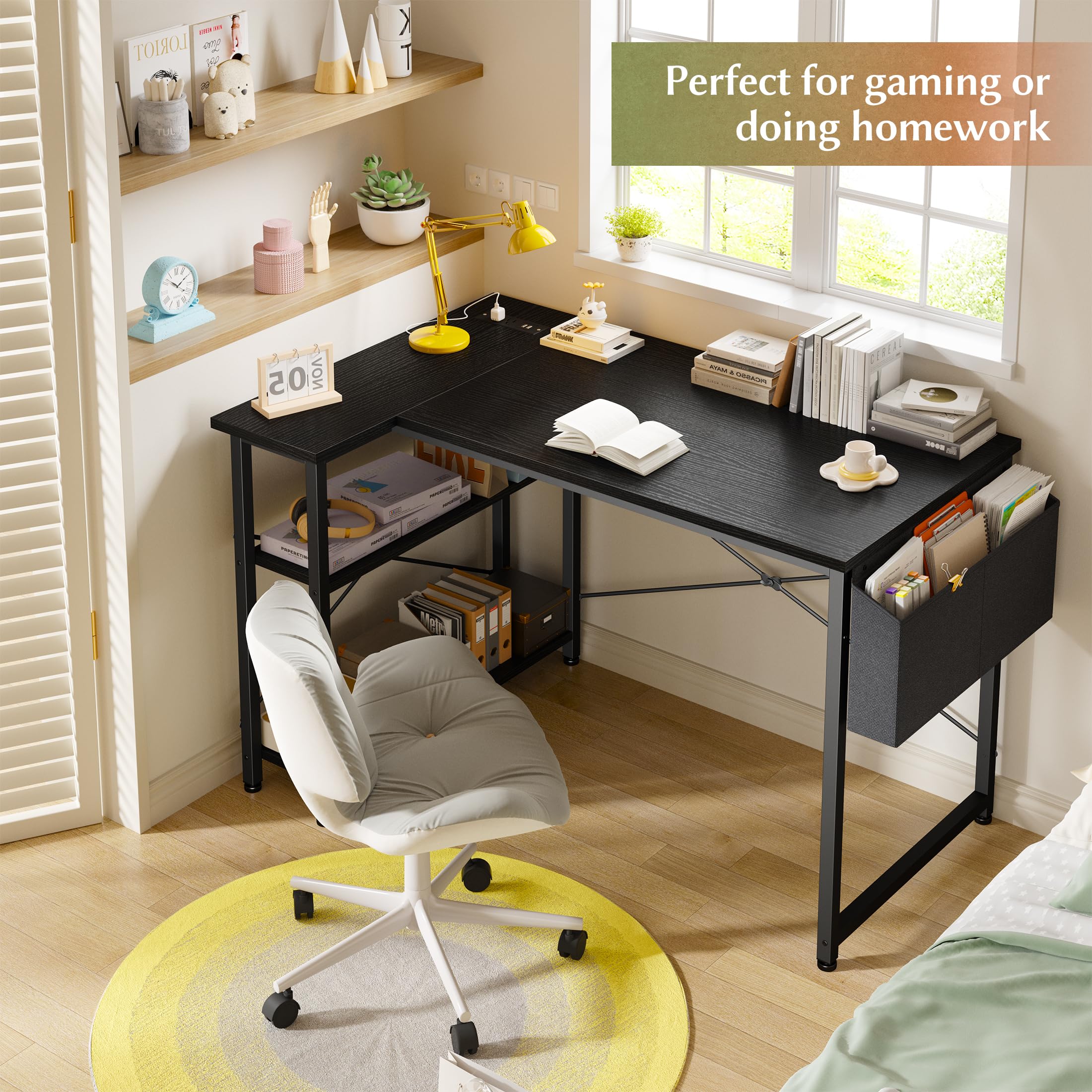 EnHomee L Shaped Computer Desk with File Drawer & Power Outlet, 40" Computer Desk with Storage Bag and Reversible Shelves, Home Office Desk Corner Table for Work, Writing and Study, Black