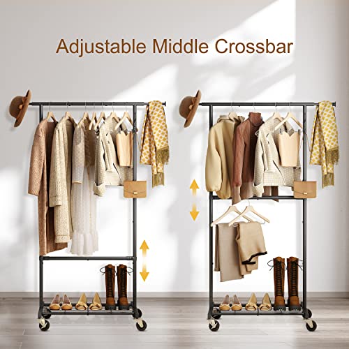 Gewudraw Clothing Garment Rack, Extendable Clothes Rack with Wheels, Bottom Shelves and Hooks, Double Rod Garment Rack Portable Closet Organizer, 64.4 inches