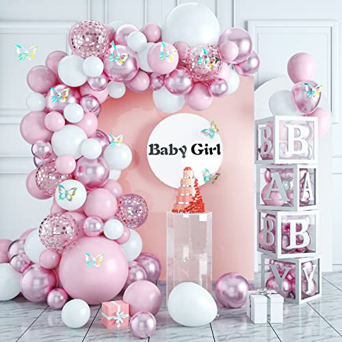 FEYG Pink Party Balloons for Girls, Pink White Gender Reveal Balloons, 87pcs Pastel Pink Balloons Garland Arch Kit with Hollow Out Butterfly for Birthday Party Baby Shower Wedding Party Supplies