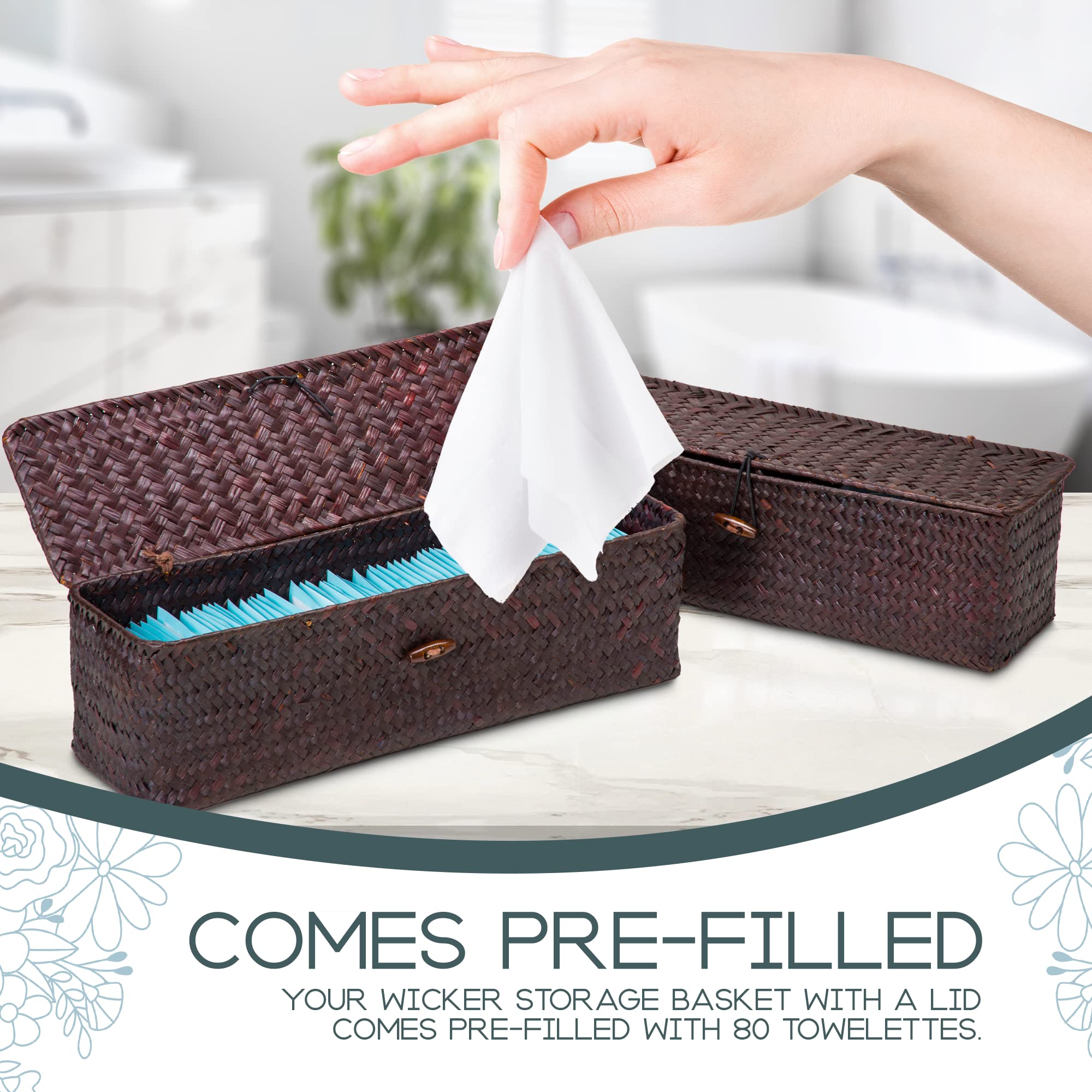 Freshends Powder Room Basket with Lid plus 80 Personal Wipes — Storage for Wipes and Household Items, Bathroom Counter Organizer, Wicker Baskets for Organizing - (Mahogany, Gray)
