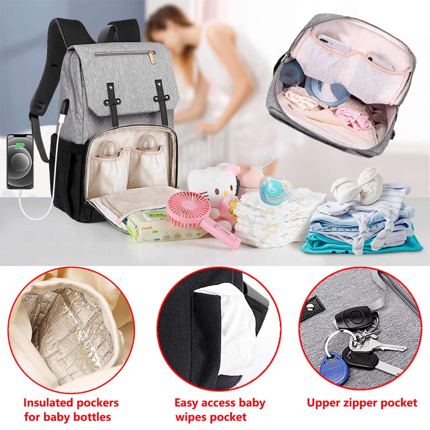 Diaper Bag Backpack, Multifunction Large Baby Bags with Charging, Unisex Stylish for Mom and Dad Travel Backpacks(Grey+Black)