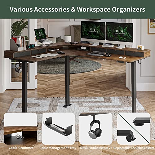 FEZIBO Triple Motor 75" L Shaped Standing Desk with 5 Drawers, Reversible Electric Standing Gaming Desk Adjustable Height, Corner Stand up Desk with Splice Board, Black Frame/Black Walnut Top