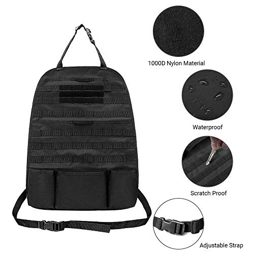 Car Backseat Organizer Tactical Molle Panel Seat Back Protector Cover Nylon Vehicle Car Back Seat Cover Pocket Storage (Black-2pc)