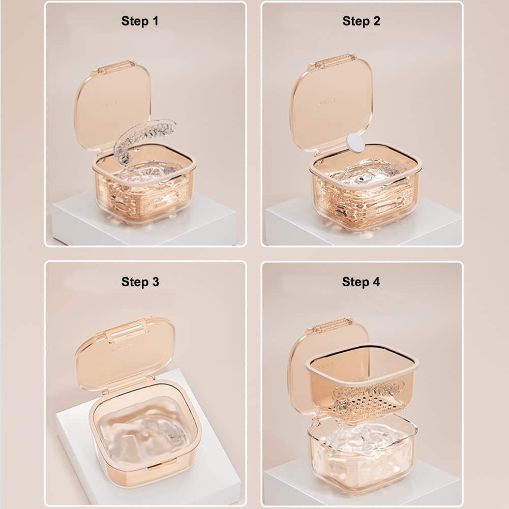 Denture Case, Retainer Case, Denture Bath Box Cup with Strainer basket, Cute Denture Holder Storage Soak Container for Travel Cleaning, Exquisite Retainer cleaner Case, Mouth Guard Case (Blue)