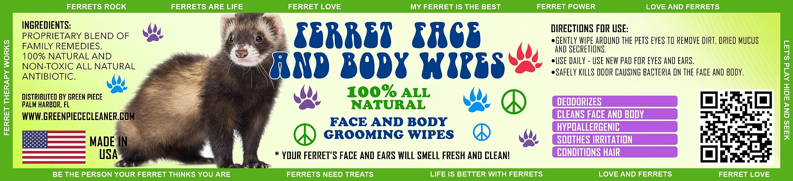 Green Piece® Ferret Face and Body Grooming Wipes - 100% Natural - Unscented