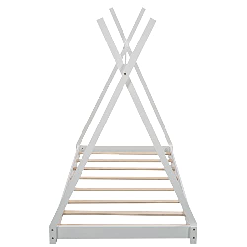 FIQHOME Twin Size House Platform Bed with Triangle tructure, Kids Floor Bed House Bed Solid Wood Frame, Wooden Slat Support, for Boys & Girls,No Box Spring Needed,White