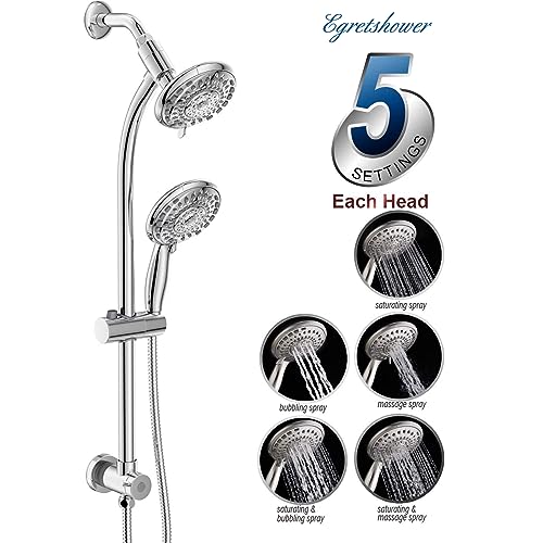 Egretshower Handheld Showerhead & Rain Shower Combo for Easy Reach, 27.5" Drill-free Stainless Steel Slide Bar, 5”of 5-setting Handheld Shower and Showerhead, with 5ft Hose - Polished Chrome