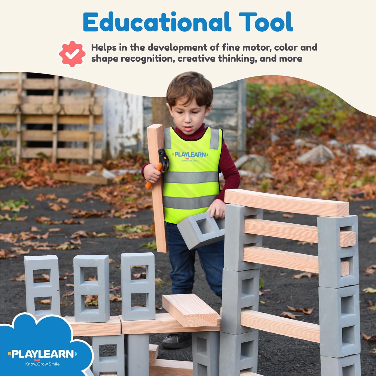 Playlearn 40pc Foam Cinder Blocks for Kids - Children’s Reflective Vest and Storage Bag Included - Actual Brick Size- Lightweight, Soft Building Blocks - Fake Brick Blocks