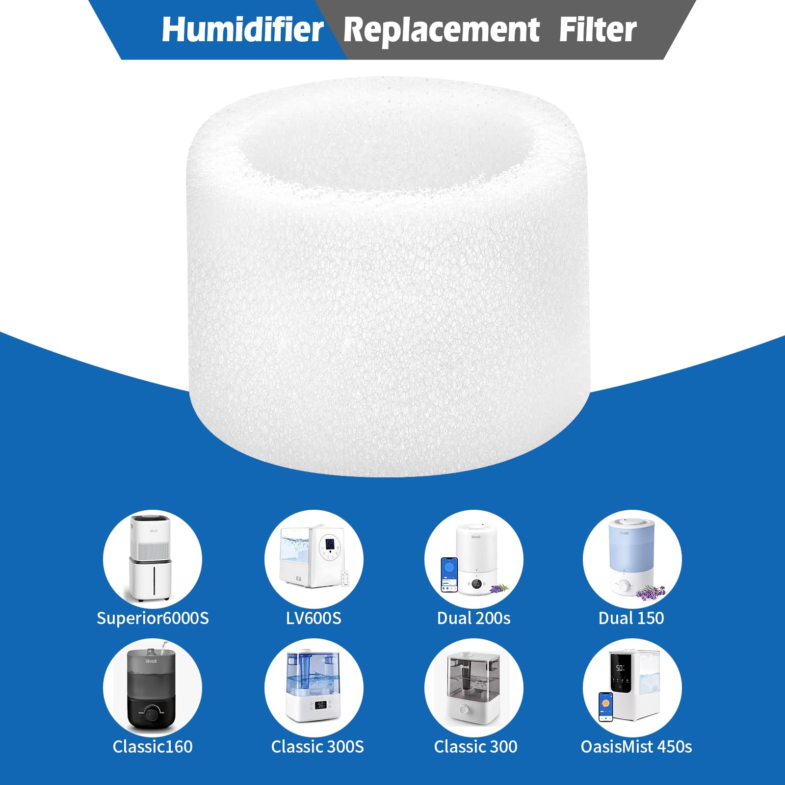 DerBlue 32pcs Top Fill Humidifier Replacement Filters Compatible with LEVOIT Classic160, Dual150, Dual200S, Classic300(S), LV600S, OasisMist450S, Superior6000S,Humidifier Replacement Part