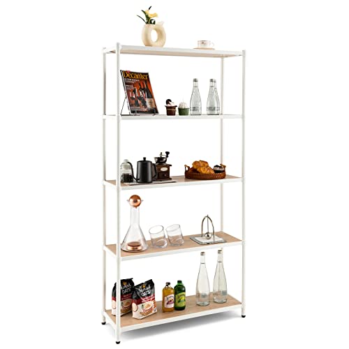 Giantex 5-Tier Industrial Bookshelf White - 61" Tall Open Display Shelving Rack with Anti-toppling Device, Adjustable Feet, Freestanding Storage Shelf for Living Room, Kitchen, Office, Bedroom