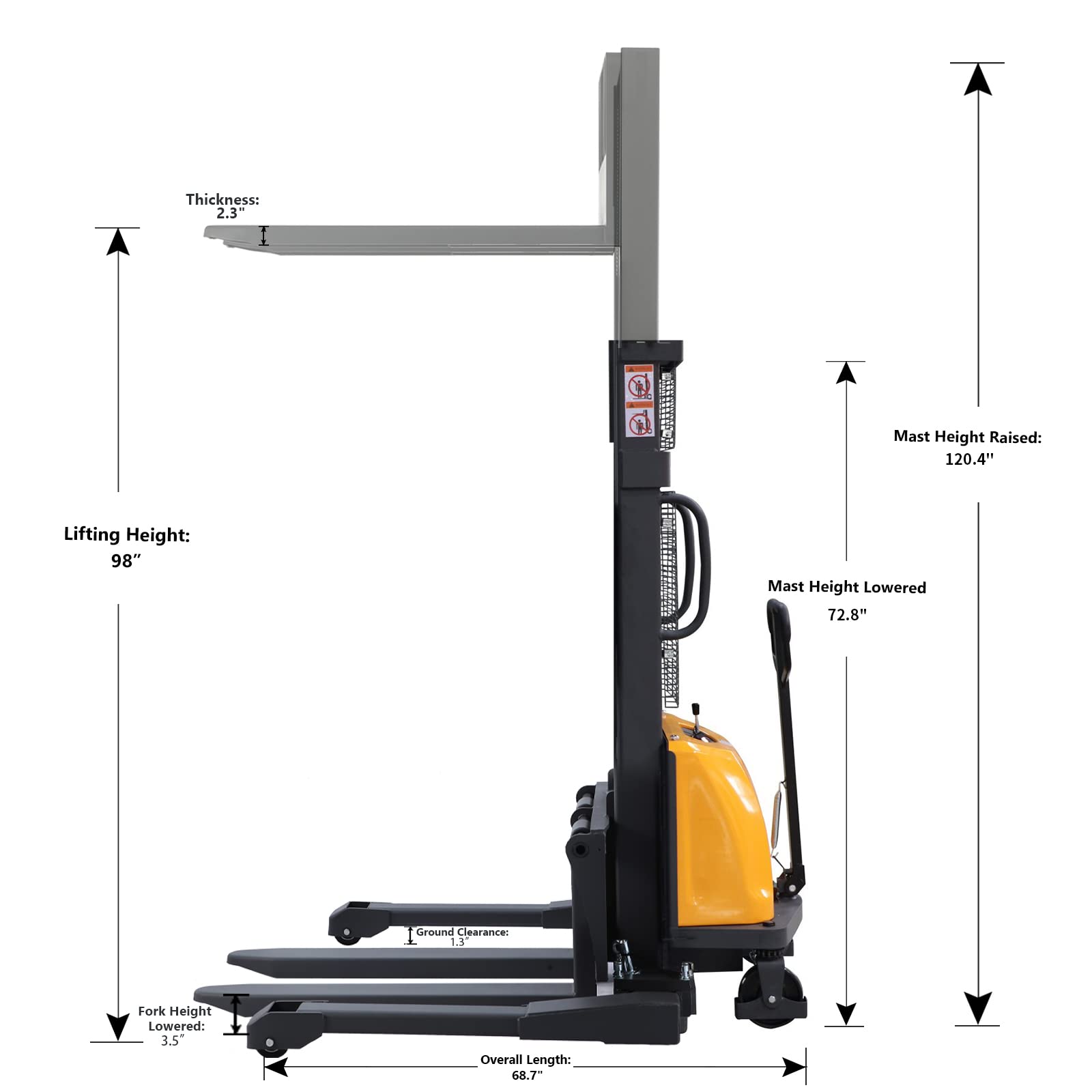 Economy Semi Electric Pallet Stacker 98inch Lifting Height Material Lifter for Warehouse 3300lbs Capacity Straddle Legs with Adjustable Forks