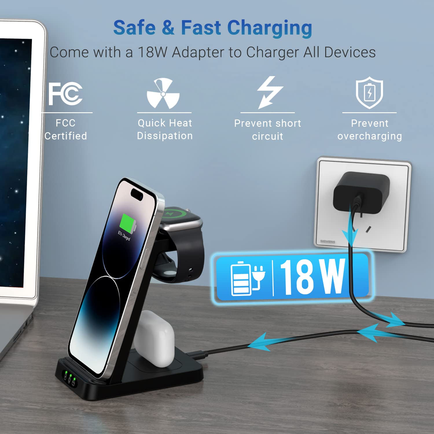 Charger Station for Apple Multiple Devices,3 in 1 Wireless Charging Station Dock Stand for Apple Watch 8 7 6 SE 5 4 3 2 iPhone Fast Charger for iPhone 14 13 12 11 Pro X XS 8 Plus & Airpods