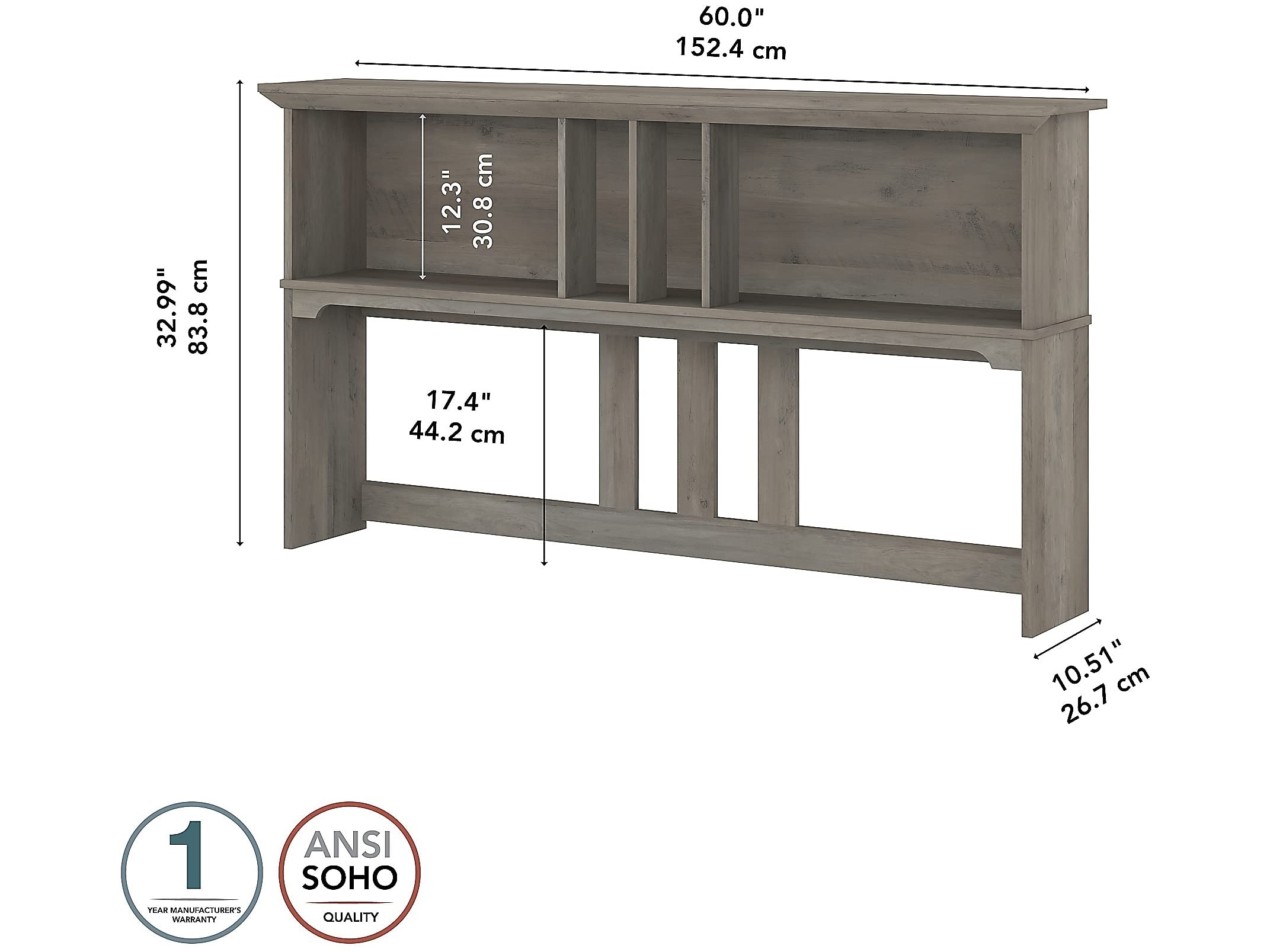Bush Furniture Salinas Hutch, Desk Attachment with Shelf Storage for Home Office, 60W, Driftwood Gray