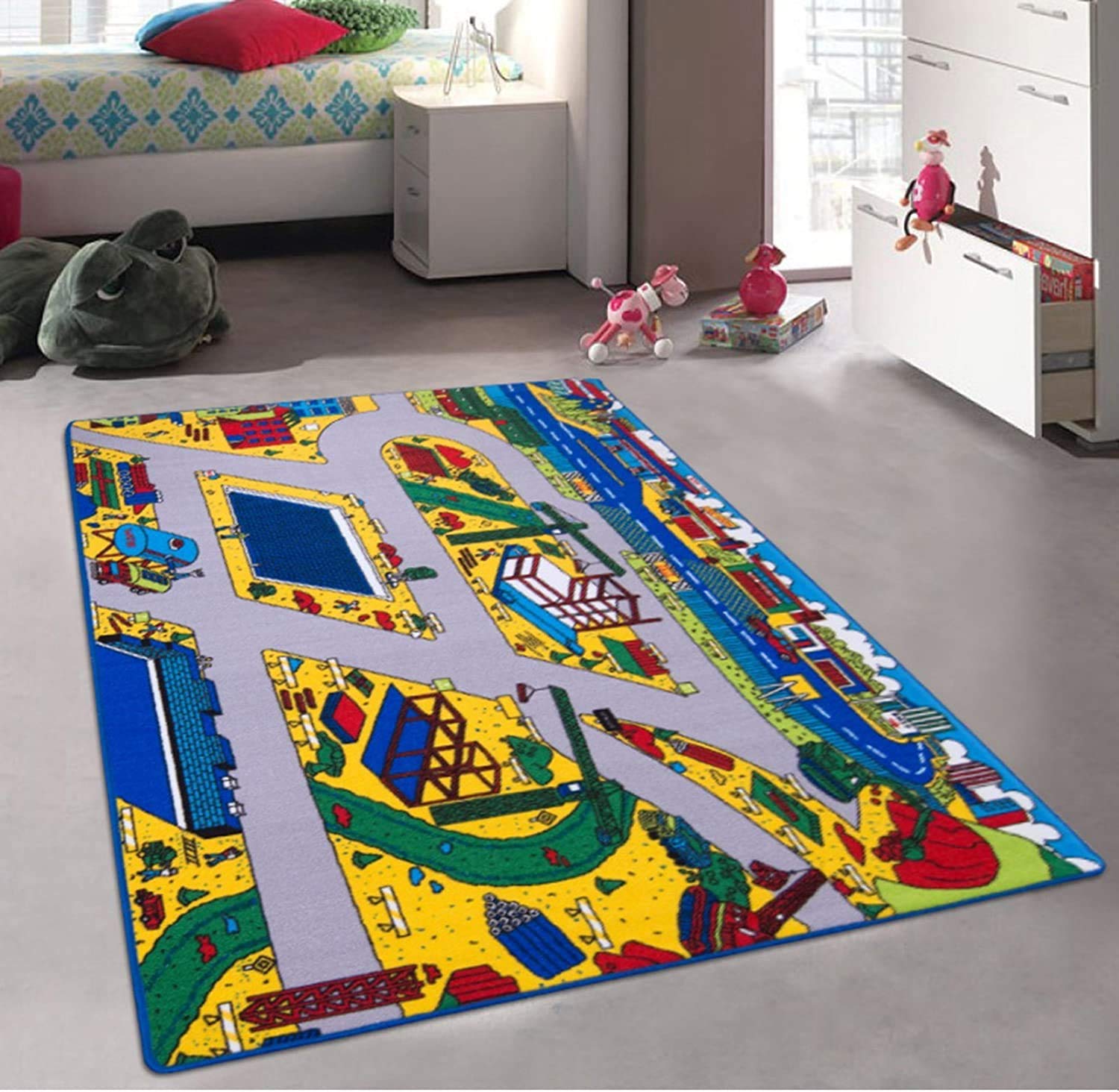 Kids/Baby Room/Daycare/Classroom/Playroom Construction Vehicles Truck Toys Play Mat, Mini Engineering Diecast Trucks Pull Back Cars, Toy Trucks for Toddlers, Kids (5 Feet X 7 Feet)