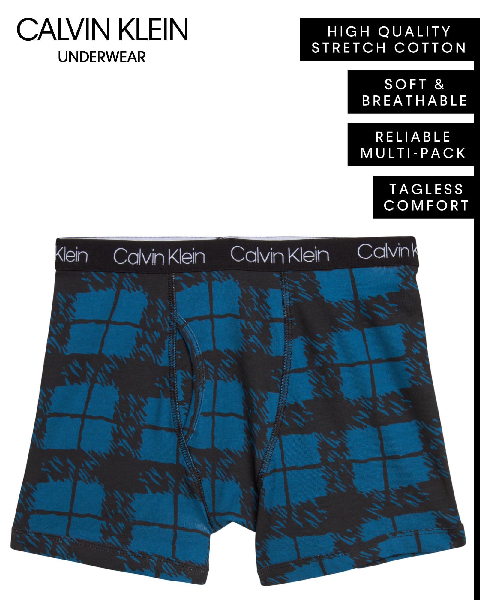 Calvin Klein Boys' Underwear - 4 Pack Stretch Cotton Boxer Briefs (XS-XL), Size Large, Blue Plaid/Dark Slate/Red Plaid/Black