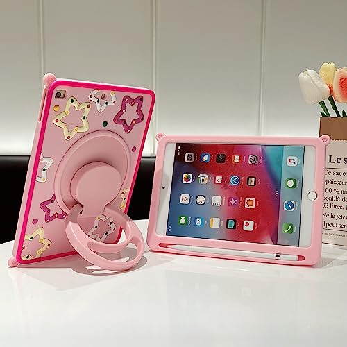 Premium Cute Soft Silicone Pink Star Colorful Kawaii Pattern Tablet Case with Built-in Foldable Kickstand and Lanyard Shockproof Cover Case for iPad Air 2019/ Pro 10.5"