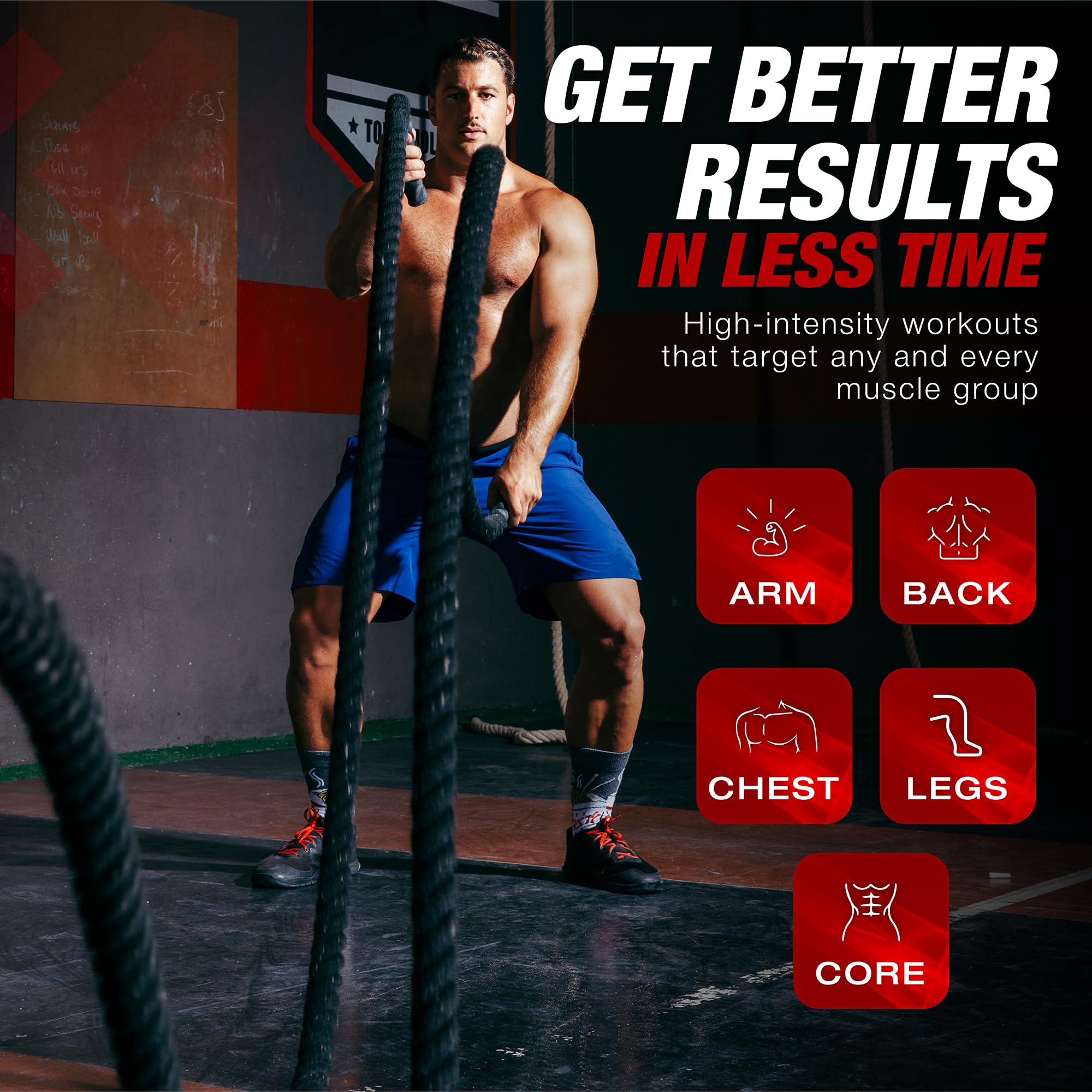 Pro Battle Ropes with Anchor Strap Kit and Exercise Poster – Upgraded Durable Protective Sleeve – 100% Poly Dacron Heavy Battle Rope for Strength Training, Cardio Fitness, CrossFit Rope (1.5” x 30 ft)
