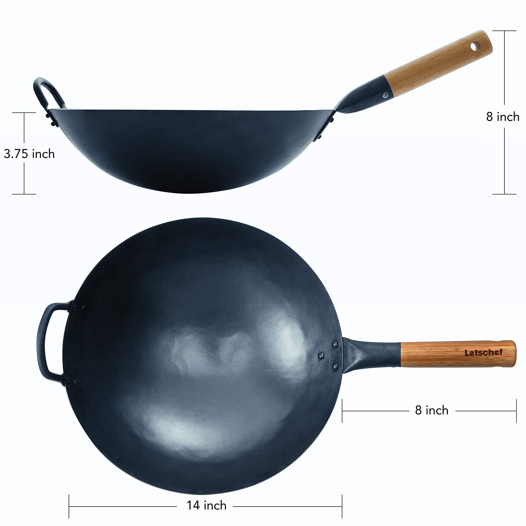 Letschef Preseasoned Carbon Steel Wok 14 Inches Hand Hammered Chinese Traditional Wok and Stir Fry Pan Round Bottom with Bamboo Handle PFOA Free Cookware