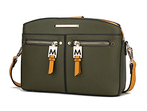 MKF Crossbody Bag for Women – PU Leather Pocketbook Handbag – Designer Side Messenger Purse, Shoulder Crossover Olive Green-Mustard