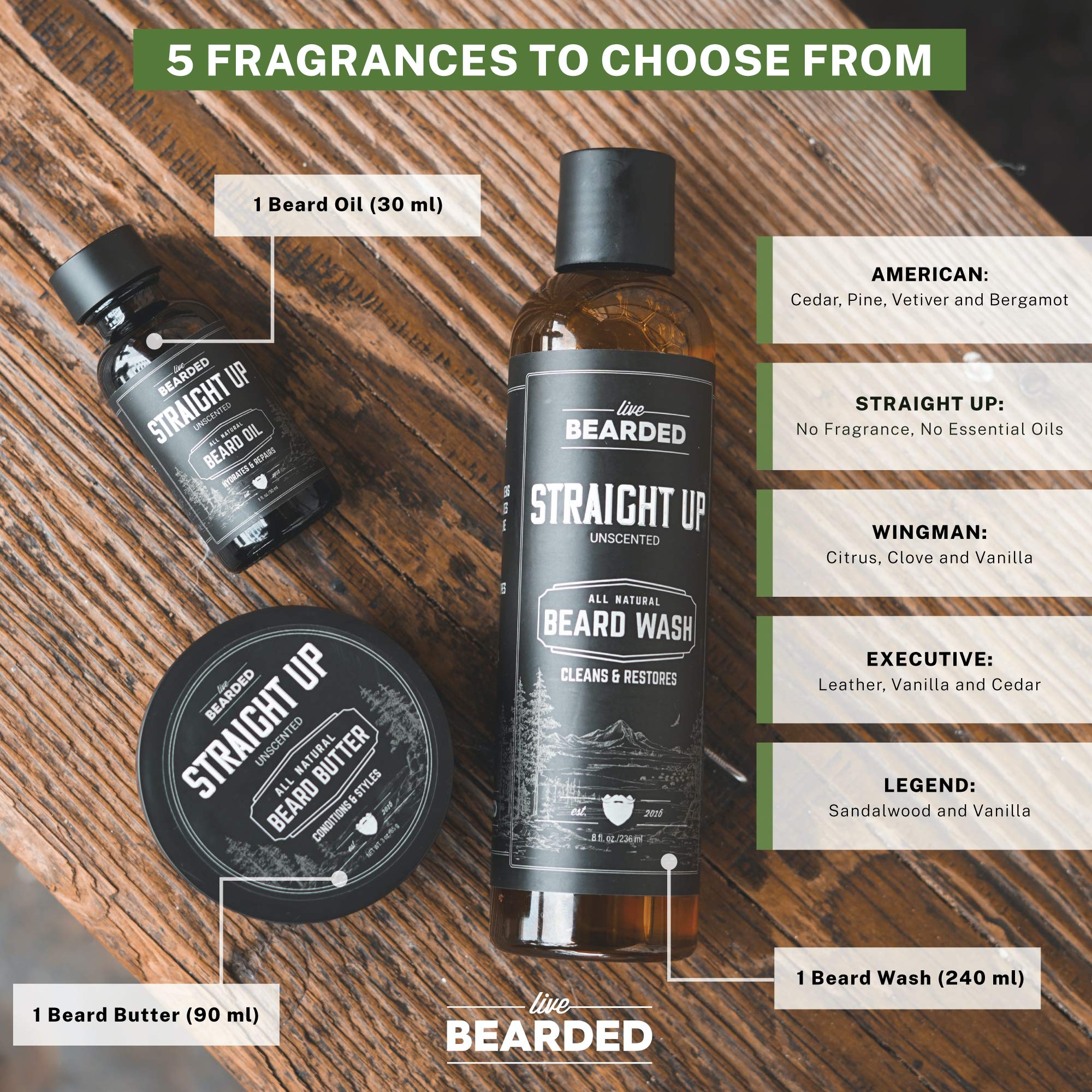 Live Bearded 3-Step Beard Grooming Kit - 1880 - Beard Wash, Beard Oil and Beard Butter - All-Natural Ingredients with Shea Butter, Jojoba Oil and More - Beard Growth Support - Made in the USA