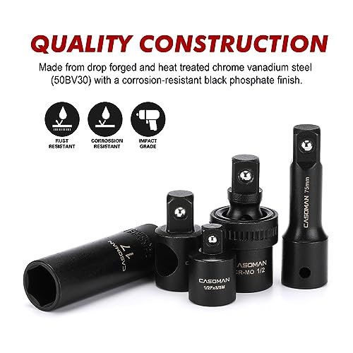 CASOMAN 1/2" Drive Master Impact Socket Set, 36 Piece Deep, Standard SAE (3/8" To 1-1/4") & Metric (10-32 mm) Sizes, Includes Extension Bar (3, 5, 10-inch), Adapters & Ratchet Handle, CR-V Steel