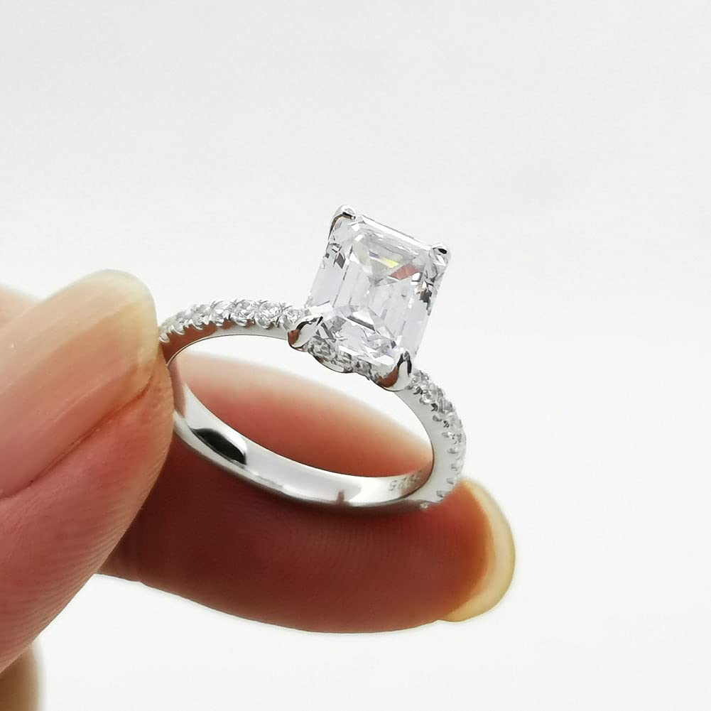 Bo.Dream 2ct Emerald Cut Cubic Zirconia Engagement Rings For Women Platinum Plated Sterling Silver Size 7