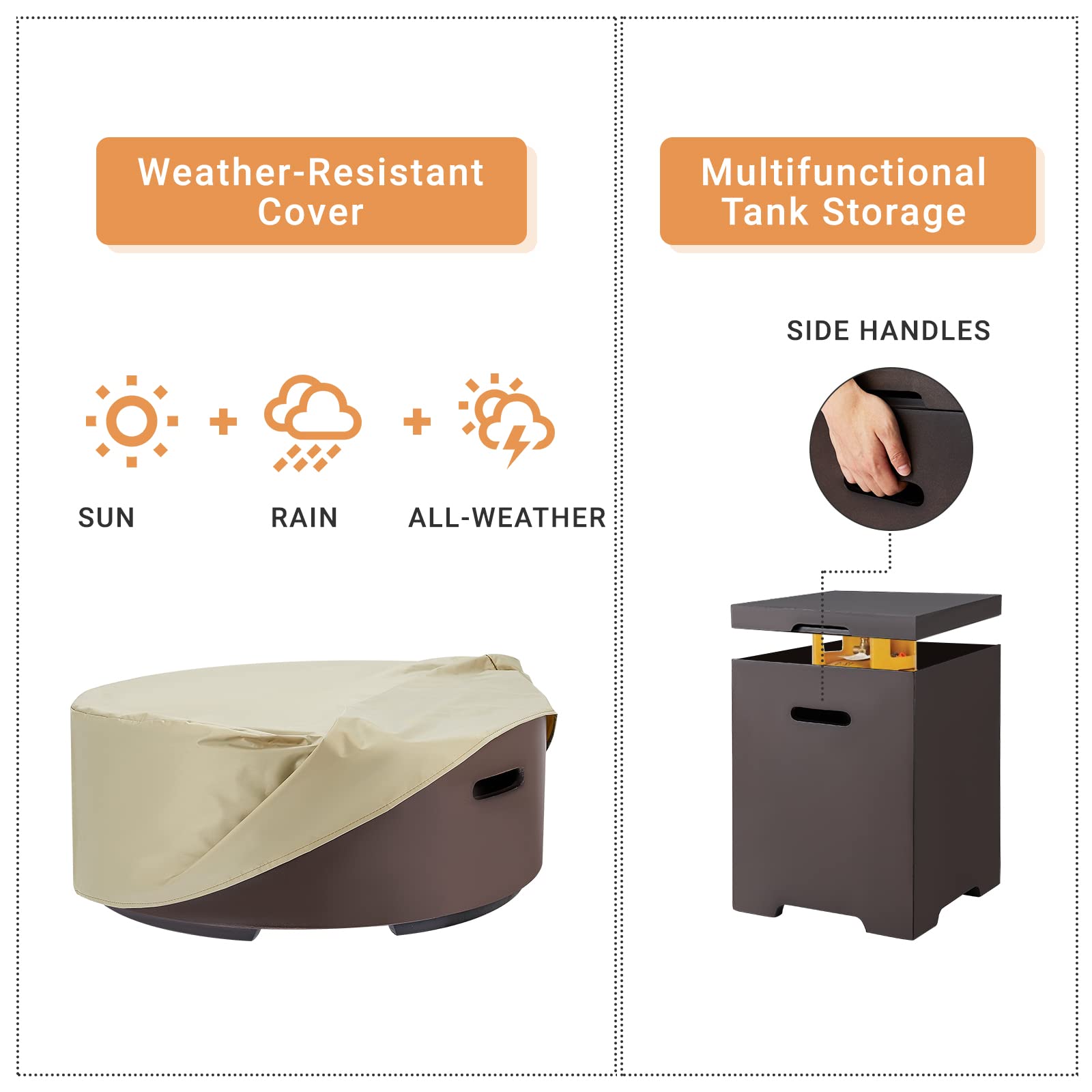 ECOTOUGE 2-Piece Outdoor Propane Firepit Table Set with Tank Table, 30 Inch Auto-Ignition Round Gas Fire Pit, 50,000 BTU Steel Fire Table w/Weather-Resistant Pit Cover, Lava Rocks, Brown