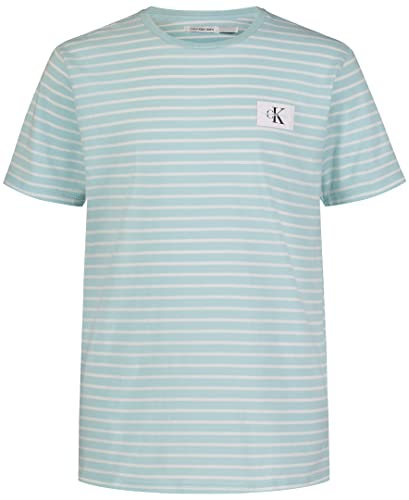 Calvin Klein Boys' Short Sleeve Striped Crew Neck T-Shirt, Soft, Comfortable, Relaxed Fit, Linear Light Blue GB47, 5
