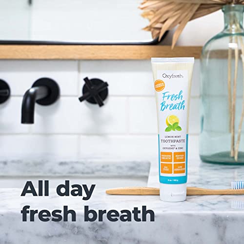 Premium Oxyfresh Lemon Mint Fresh Breath Toothpaste โ Low Abrasion Toothpaste for Bad Breath - SLS & Fluoride Free Toothpaste โ Anti Plaque & Tartar Control Toothpaste with Essential Oils. 5oz