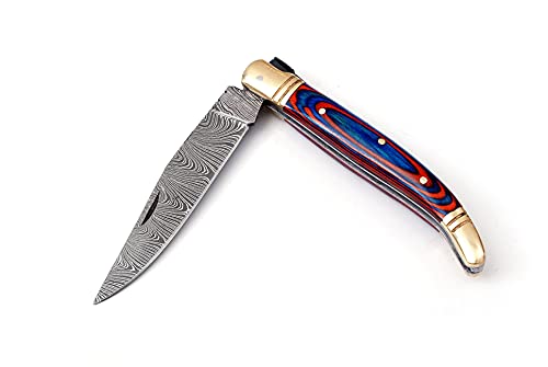 Damascus steel folding knife with leather sheath, 8.5 inches long laguiole pocket knife with 4 inches long Damascus steel Blade, 4.5 inches Blue multi colored wood scale with Brass bolster and pommel,