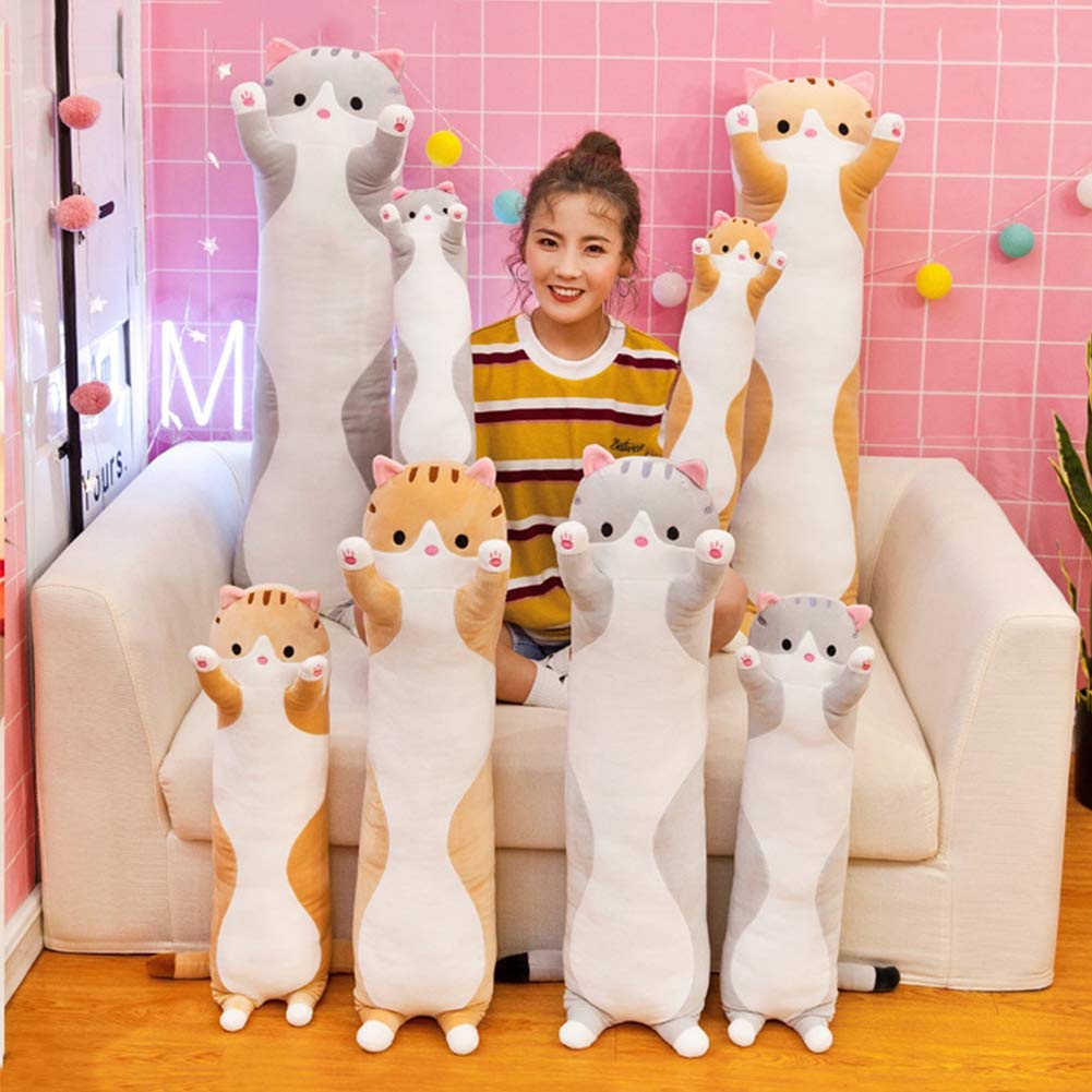 SNOWOLF Cute Cat Plush Long Body Pillow Cat Stuffed Animals Plushie Toy Soft Throw Sleeping Cotton Kitten Pillow Gift for Kids Girls (Gray, 19.7")
