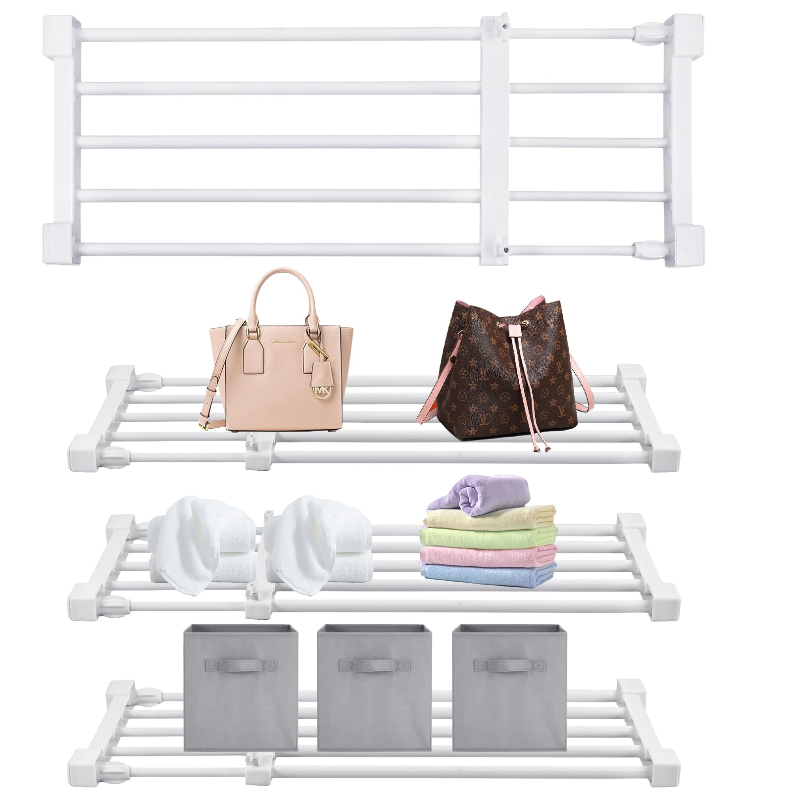 Geetery 4 Pcs Closet Tension Shelf Metal Expandable Closet Shelf Dividers Adjustable DIY Shelf Separators in Closet Tension Rod Storage Rack for Cabinet Kitchen Wardrobe (15''-21.65'' X 9.45'')