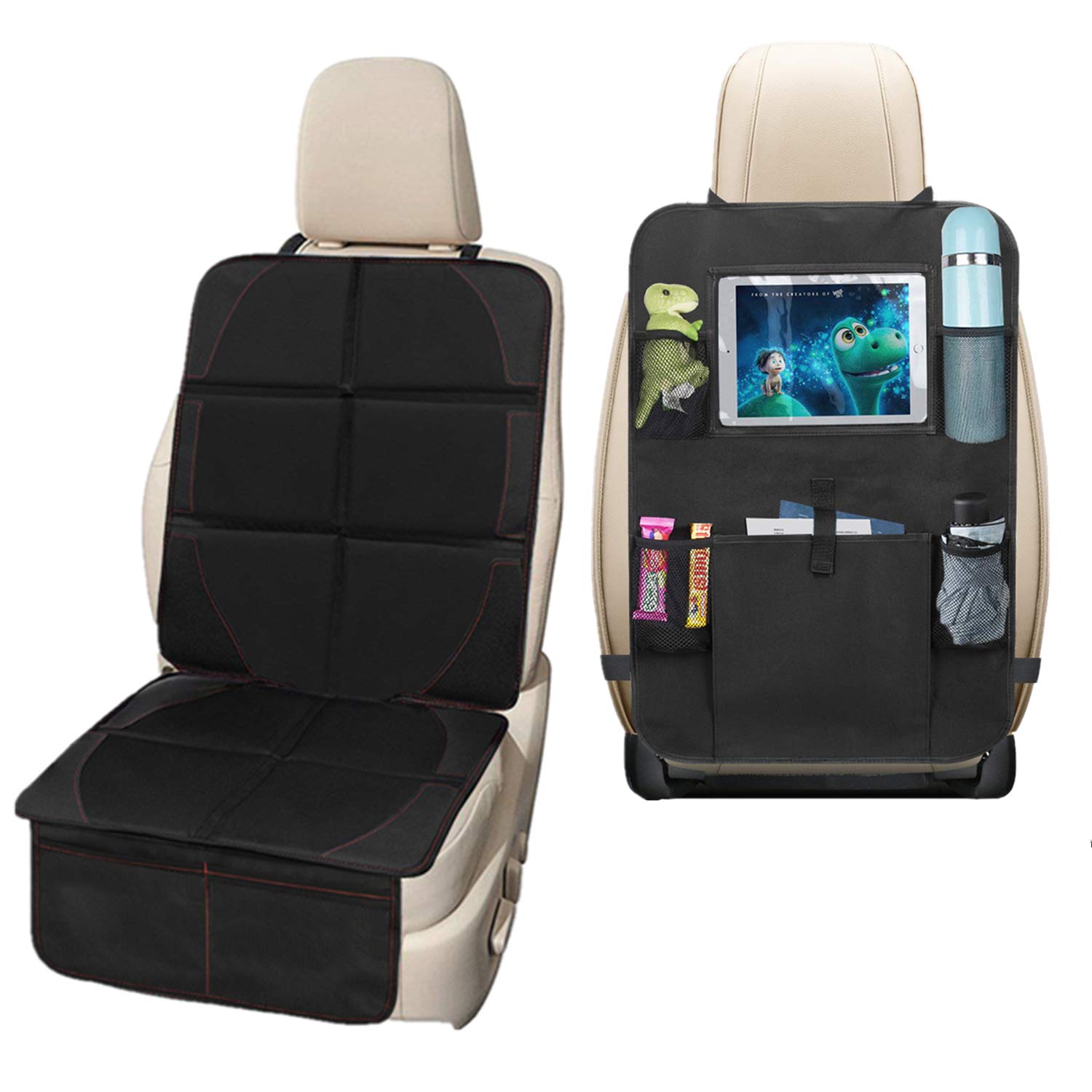 Car Seat Protector Back Seat Organizer with 10.5inch Tablet Holder, 5 Pocket Storage Car Seat Back Organizer Kick Mat Protector, Travel Accessories Organizer