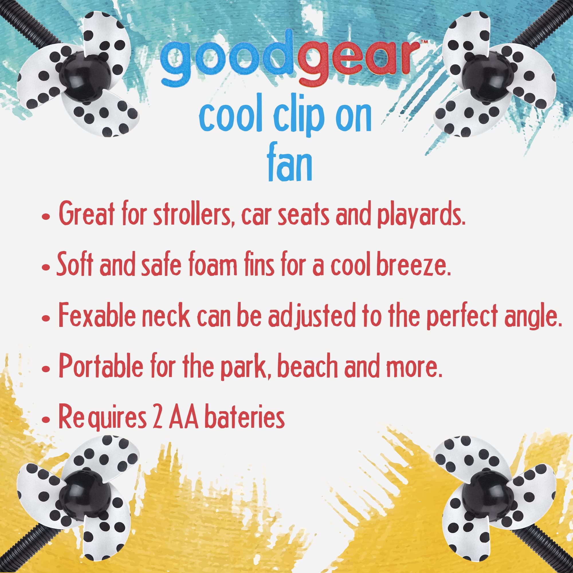 Good Gear Soft Fin Clip On Fan for Travel Stroller, Baby Crib & Car Seat - Black Dots/Grey