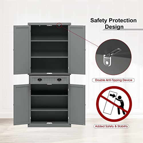 Function Home 72" Kitchen Pantry Cabinet, Tall Storage Cabinet, Freestanding Cupboard with Drawer and Adjustable Shelves, Pantry Cabinets for Kitchen Bathroom Living Room, Grey