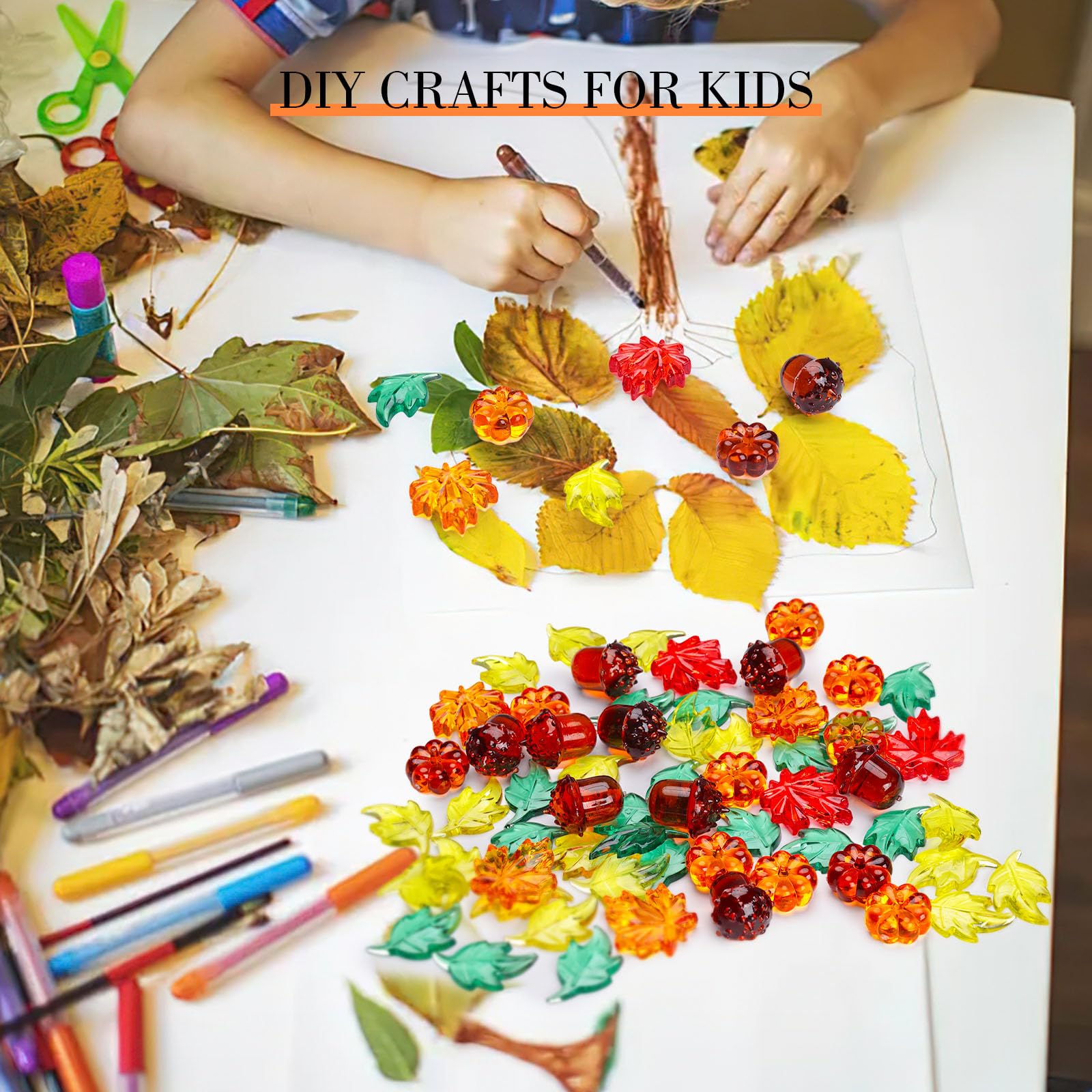DomeStar 120PCS Thanksgiving Acrylic Pumpkin Fall Decorations, Vase Filler Gems Acrylic Leaves Acorns Maple Leaves for Home Decoration