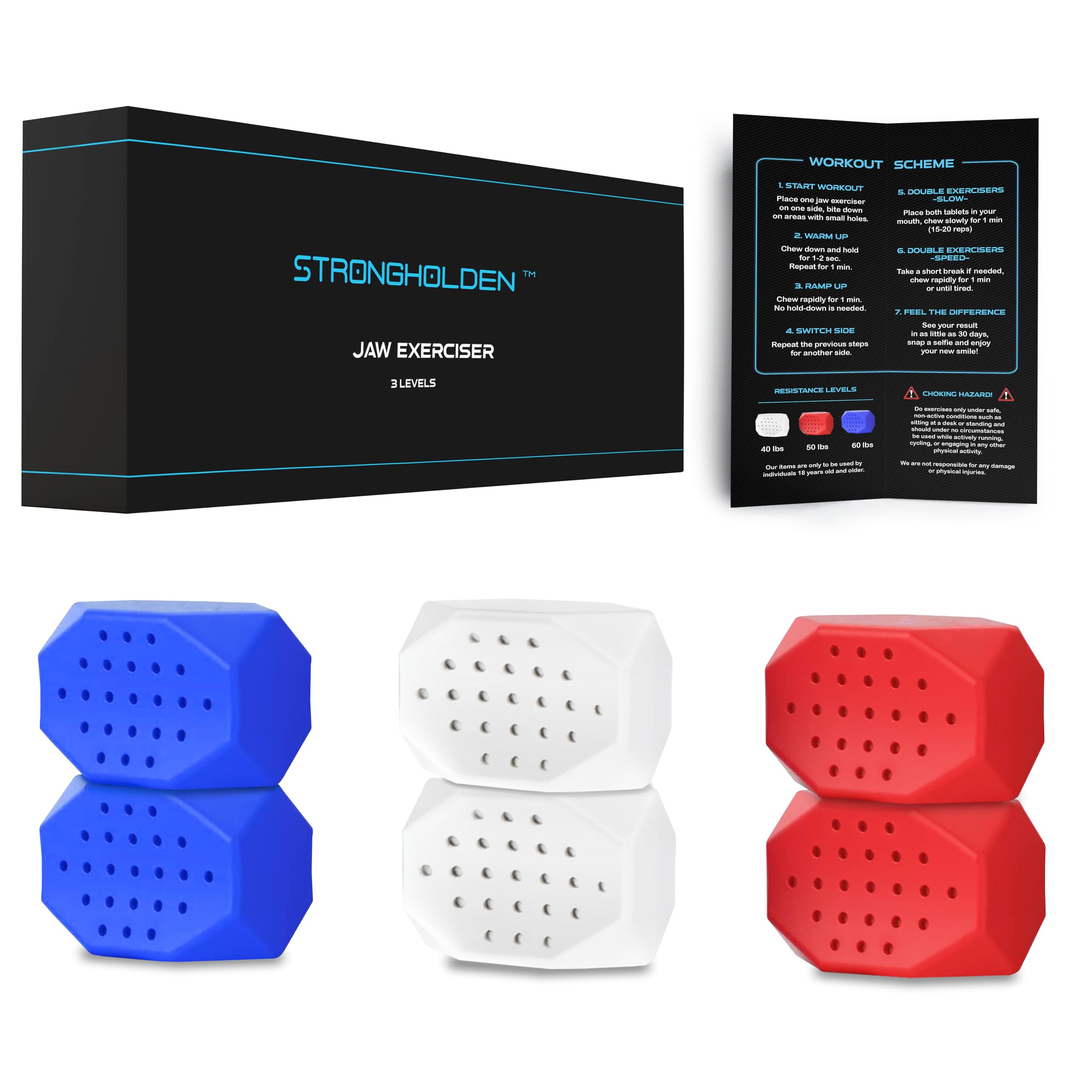 Jaw Exerciser for Men & Women - 3 Levels (6pcs) Silicone Jawline Exerciser Tablets for Beginner, Intermediate & Advance Users - Jaw Toner for Men & Women, Jawstyle and Jaw Trainer (3 Levels - Basic)