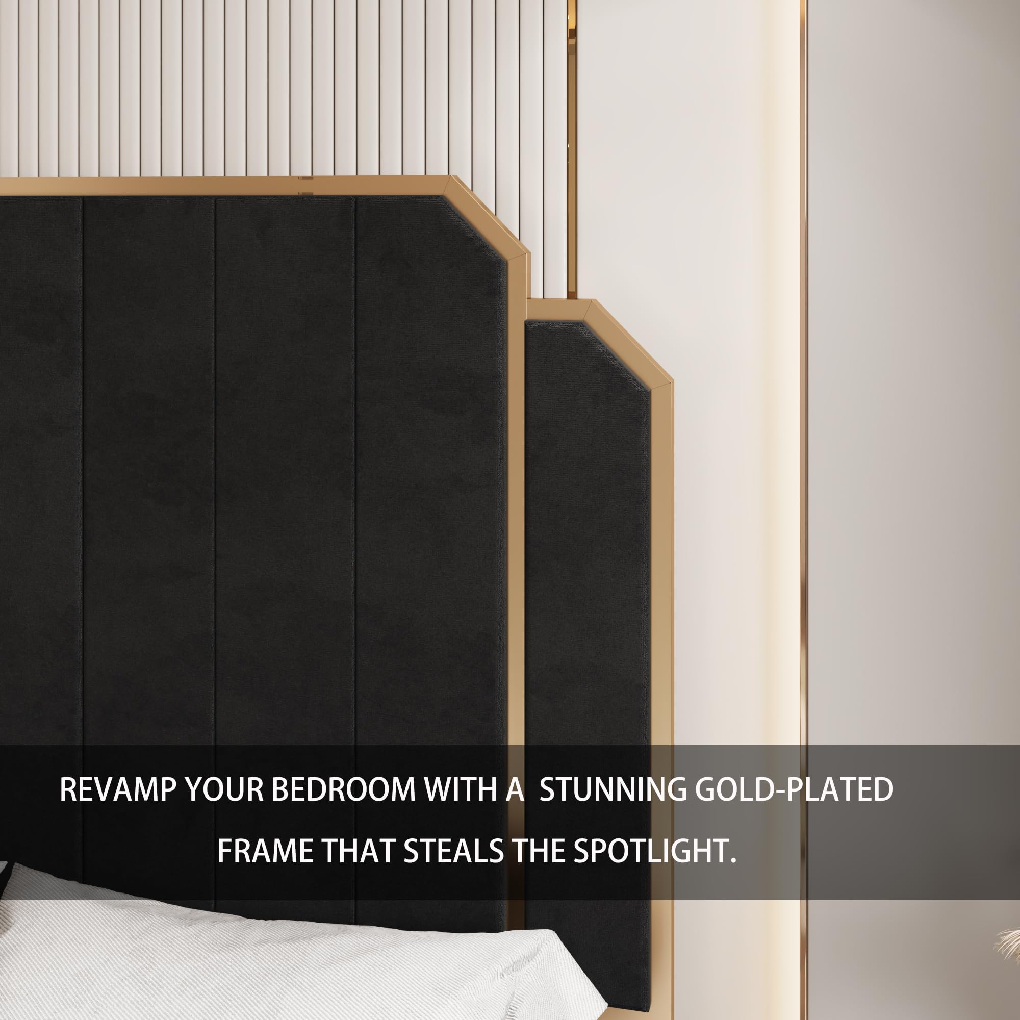 FSTAR Queen Size Bed Frame with Storage Drawers - High Headboard Upholstered Bedframe in Plush Velvet with Gold Accents (Beige Cream, Queen)