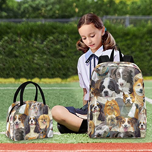 FOLIOSA Kid's Backpack Lunch Bag Set Dog To See Print, Large Capacity Insulated Scratch-Resistant Backpack with Lunch Kit for School Work Suits for 6+ Years Teenager Boys Girls